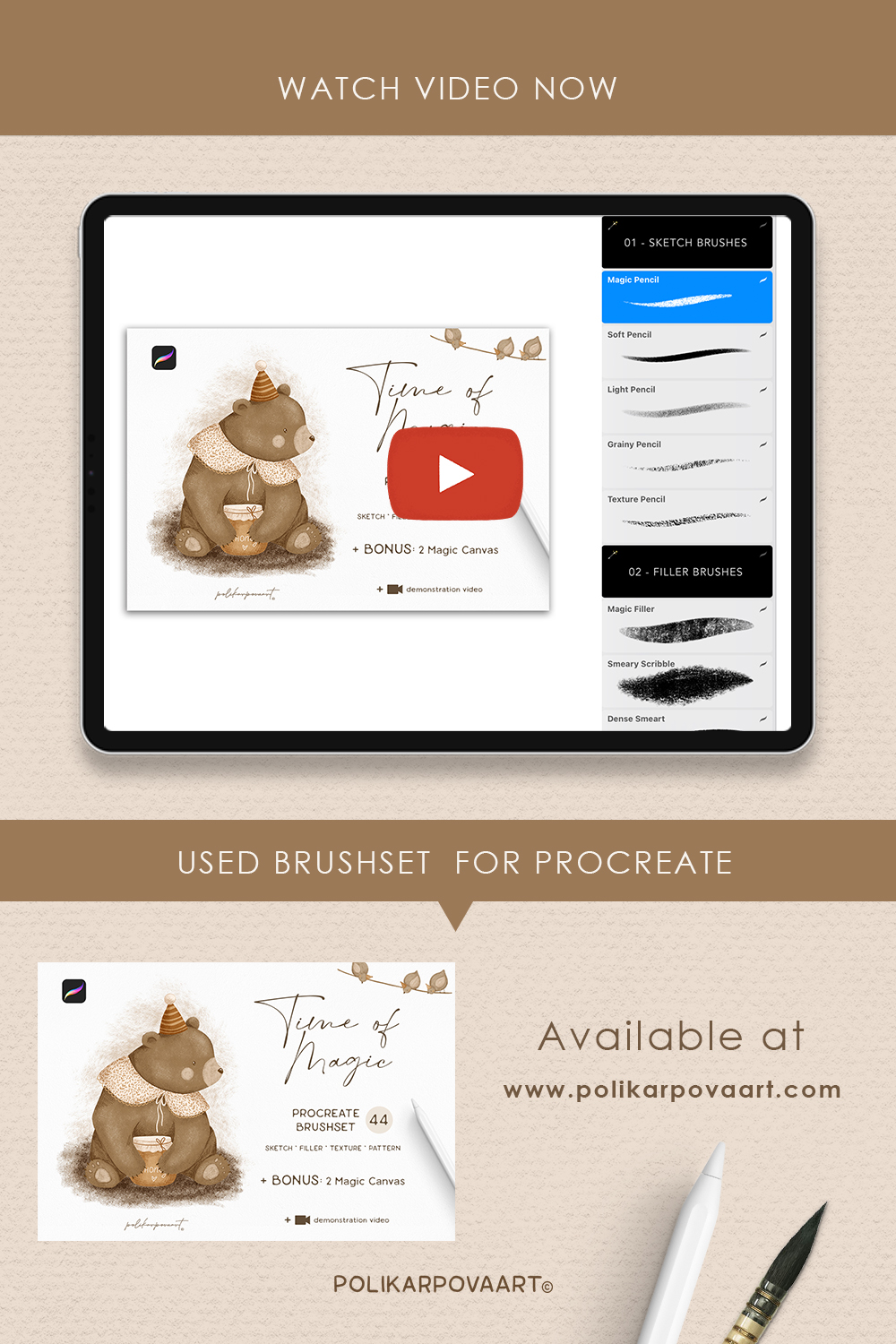 Overview of the "Time of Magic" brush set for Procreate by polikarpovaart